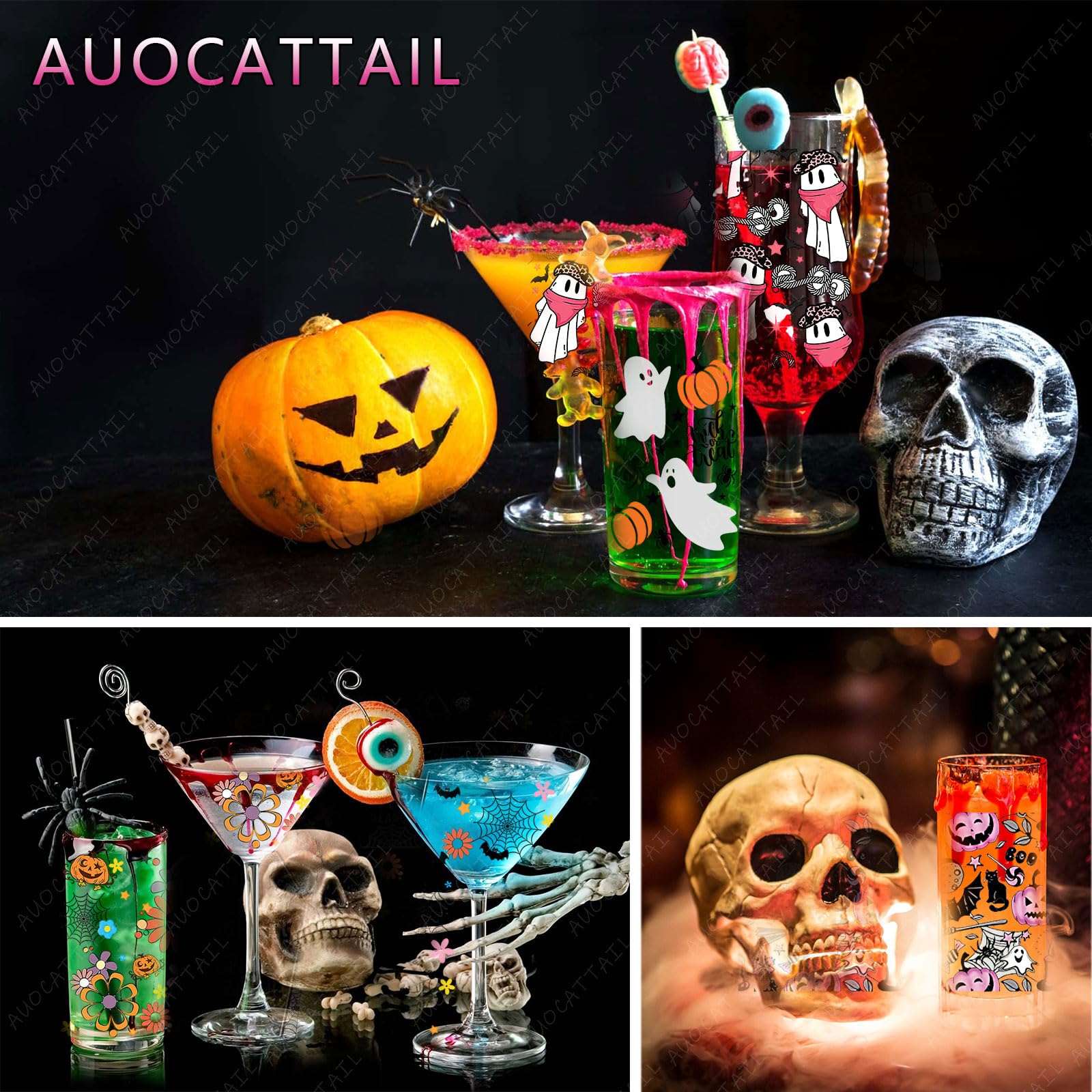 3D UV DTF Cup Wrap Transfer Stickers Halloween Pumpkin Ghost Waterproof Rub on Transfers for 16OZ Libbey Glass Cups (Pack of 6)