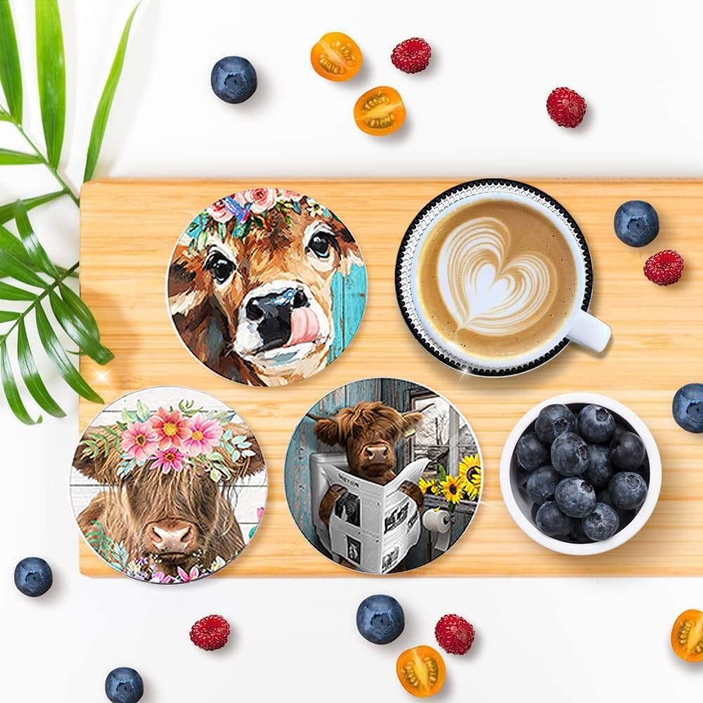 6 Pcs Diamond Art Paintings Coasters Kits with Holder, DIY Highland Cow Coaster Diamond Art Kits for Adults Beginners and Kids.