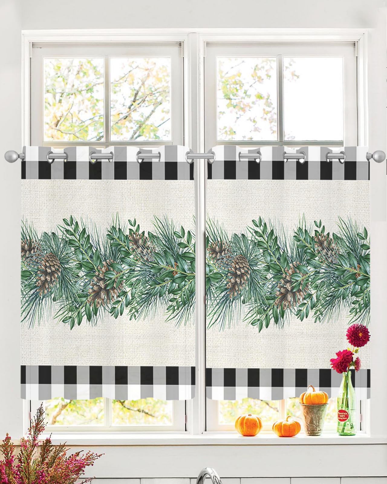 Christmas Sheer Curtains 39 Inches Long, Pine Branch Pine Cone on Buffalo Plaid Window Curtain Drapes Light Filtering Voile Curtains for Bedroom/Living Room/Kitchen (W27.5 x L39 Inch, 2 Panels)