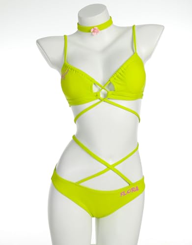 Winx Club Women's Flora Two Piece Bikini Set Swimsuit with Sarong and Choker Bathing Suit (Small) Yellow