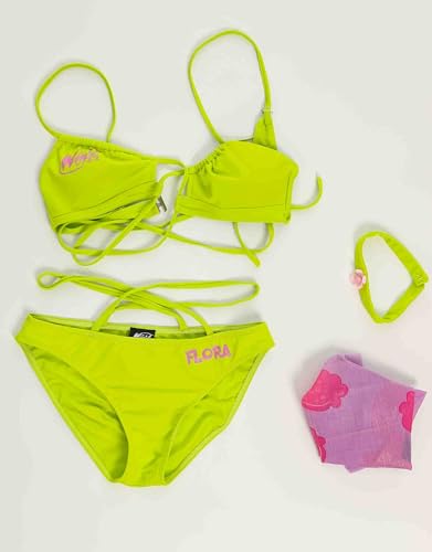 Winx Club Women's Flora Two Piece Bikini Set Swimsuit with Sarong and Choker Bathing Suit (Small) Yellow