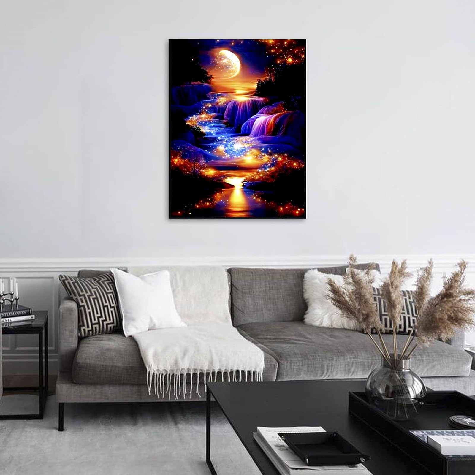 DIYDECORFUN Moonlight Waterfall Diamond Art Painting Kits for Adults, Landscape 5D Nature Scenery Diamond Art Kits for Beginner, Starry Night Diamond Dots Gem Art for Home Decor 12x16Inch