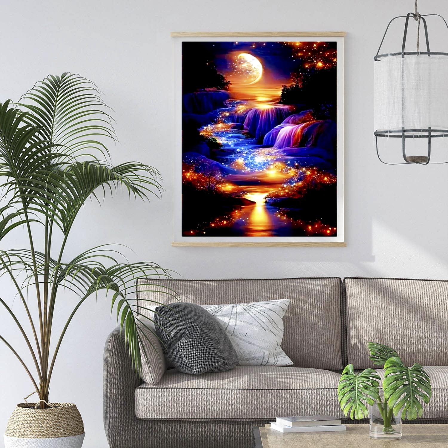 DIYDECORFUN Moonlight Waterfall Diamond Art Painting Kits for Adults, Landscape 5D Nature Scenery Diamond Art Kits for Beginner, Starry Night Diamond Dots Gem Art for Home Decor 12x16Inch
