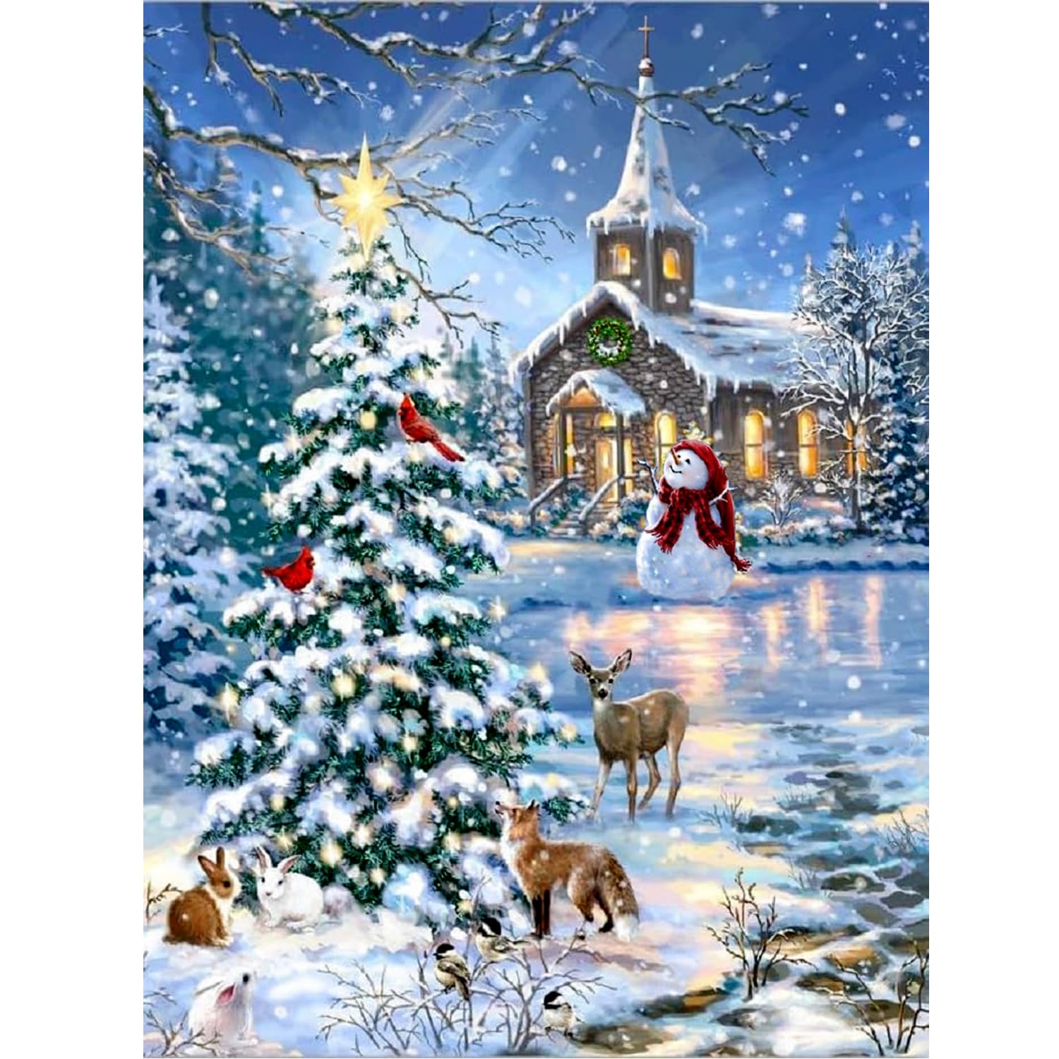 DIYDECORFUN Christmas Tree Diamond Painting Kits for Adults, 5D Diamonds Art Cabin, Winter Paint with Diamonds Round Full Drill Gems Art, Snowman Diamond Dots Art Kits for Beginners (12x16Inch)