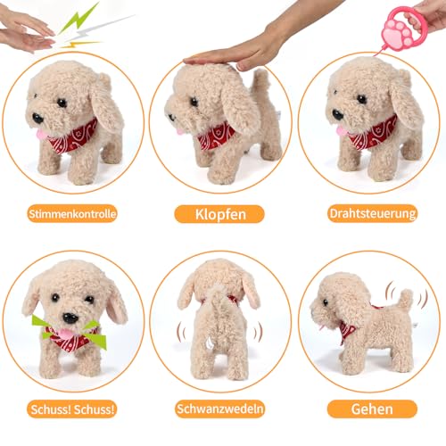 GOBRILLFUN Interactive Plush Puppy Toy with Remote Control - Electronic Stuffed Animal Dog can Walks, Barks & Wags Tail, 10 Pcs Pet Care Playset, Realistic and Fun for 3-6-Year-Old Kids