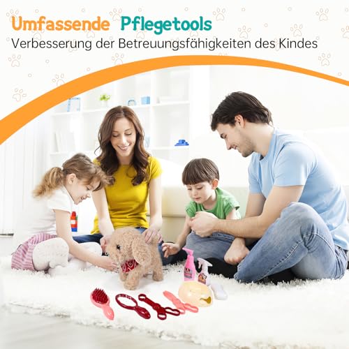 GOBRILLFUN Interactive Plush Puppy Toy with Remote Control - Electronic Stuffed Animal Dog can Walks, Barks & Wags Tail, 10 Pcs Pet Care Playset, Realistic and Fun for 3-6-Year-Old Kids