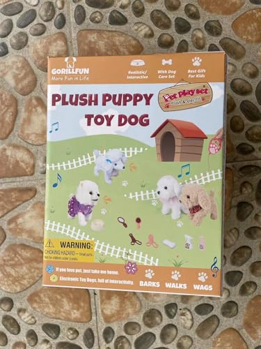 GOBRILLFUN Interactive Plush Puppy Toy with Remote Control - Electronic Stuffed Animal Dog can Walks, Barks & Wags Tail, 10 Pcs Pet Care Playset, Realistic and Fun for 3-6-Year-Old Kids