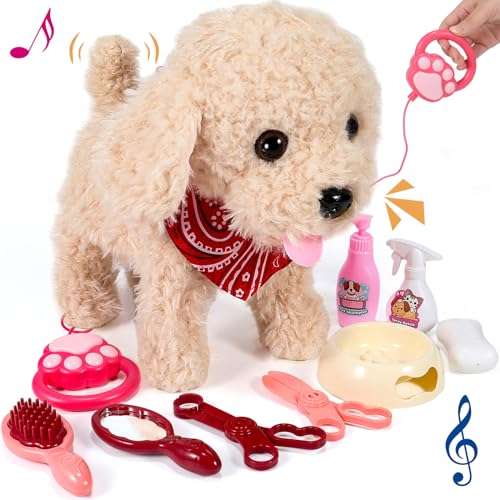 GOBRILLFUN Interactive Plush Puppy Toy with Remote Control - Electronic Stuffed Animal Dog can Walks, Barks & Wags Tail, 10 Pcs Pet Care Playset, Realistic and Fun for 3-6-Year-Old Kids