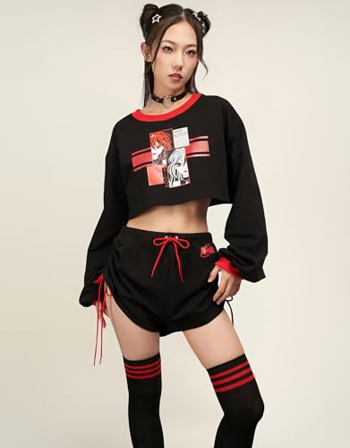 Winx Club Women's Dark Bloom Long-sleeves Blouser and Shorts Loungewear Two-Piece Pajamas Set Sleepwear (Large) Black
