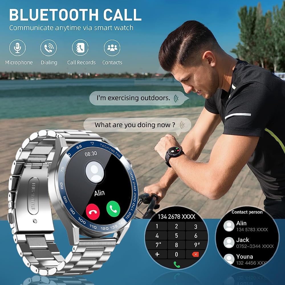paazomu Men Smart Watch for Android iOS, Bluetooth Call with Heart Rate/Sleep Monitor Fitness Tracker, 1.46" Full Touch Screen IP67 Waterproof Stainless Steel Business Activity Tracker for Men