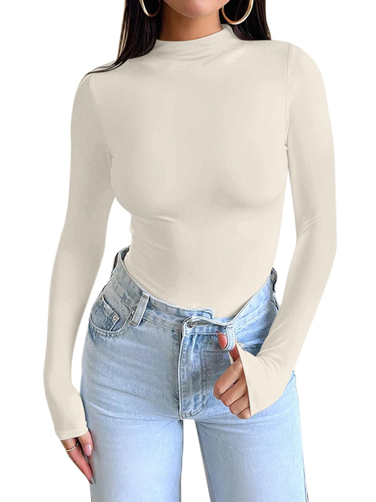 PINKMSTYLE Womens Mock Turtleneck Long Sleeve Tops Double Lined Tight Shirts Base Layer Fall Outfits Cream Small