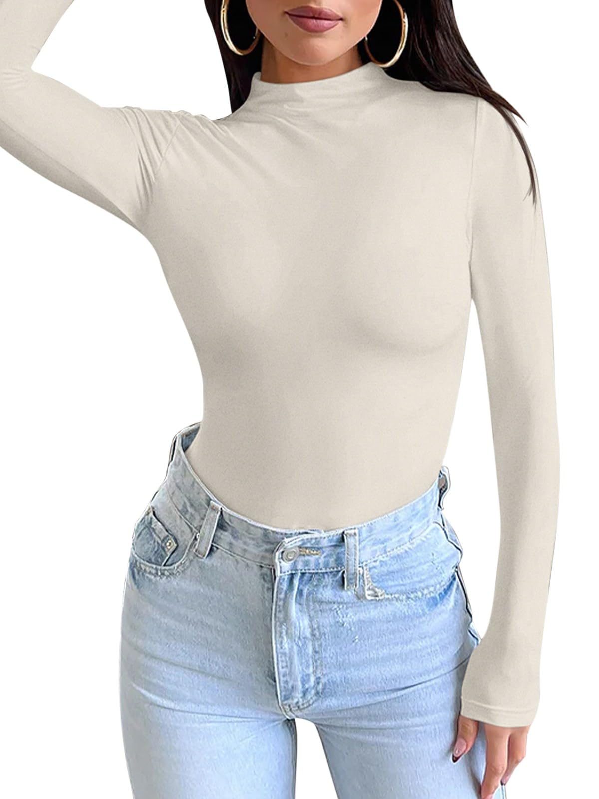 PINKMSTYLE Womens Mock Turtleneck Long Sleeve Tops Double Lined Tight Shirts Base Layer Fall Outfits Cream Small