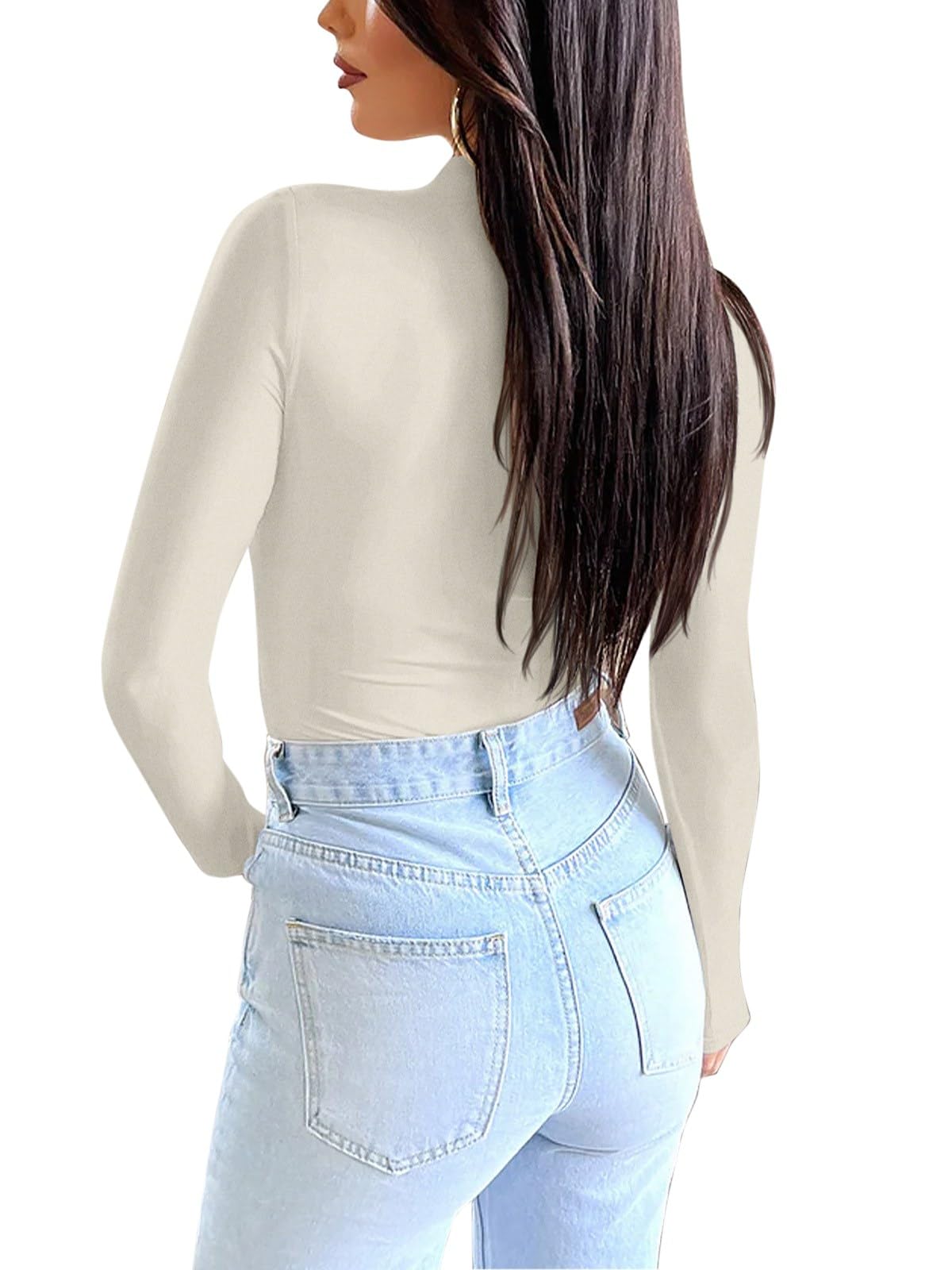PINKMSTYLE Womens Mock Turtleneck Long Sleeve Tops Double Lined Tight Shirts Base Layer Fall Outfits Cream Small