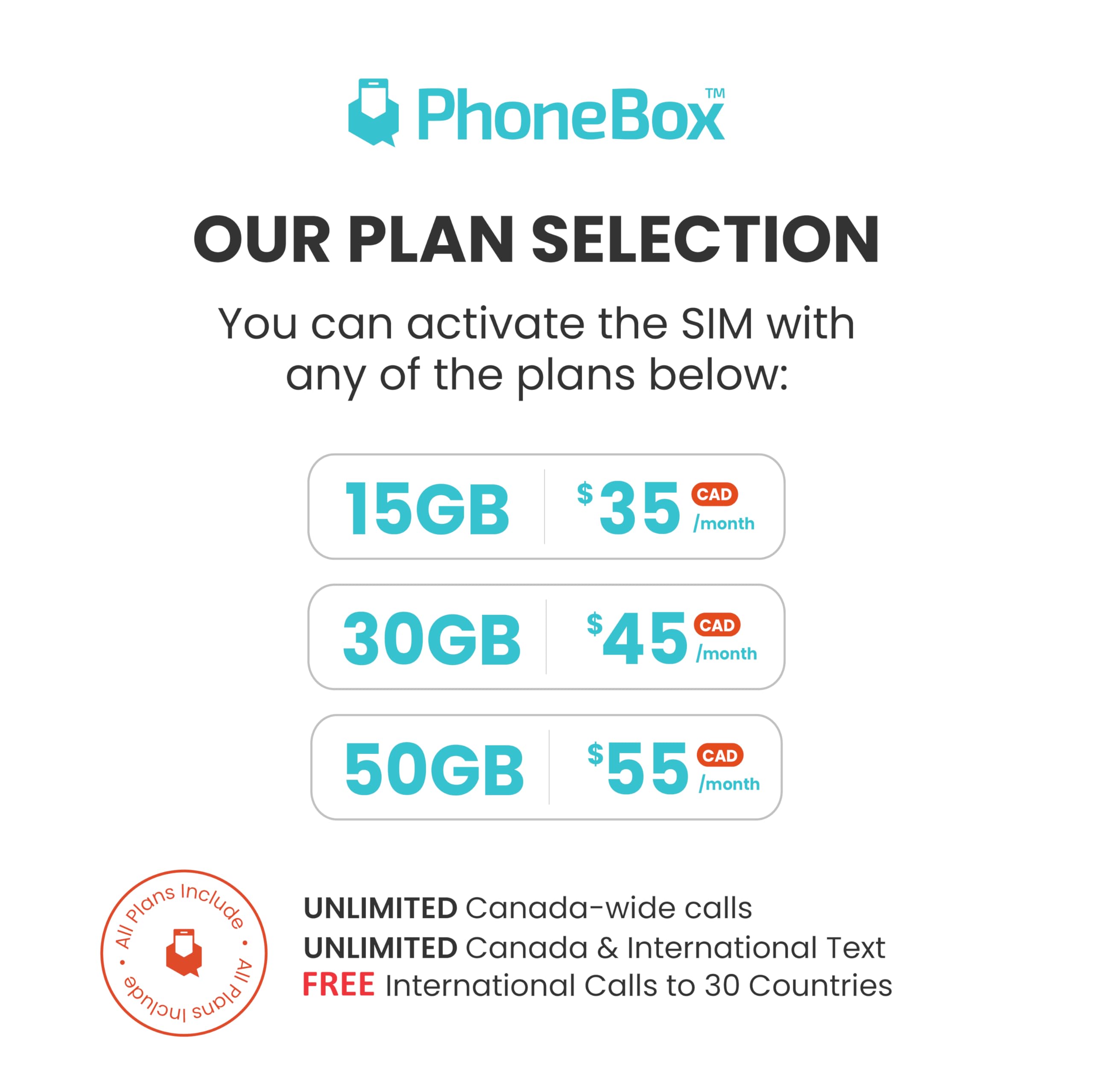 PhoneBox Canada Monthly SIM Card with International Calls! | Choose from 15GB, 30GB, or 50GB | No Contracts! Affordable Plans! Talk, Text, Data