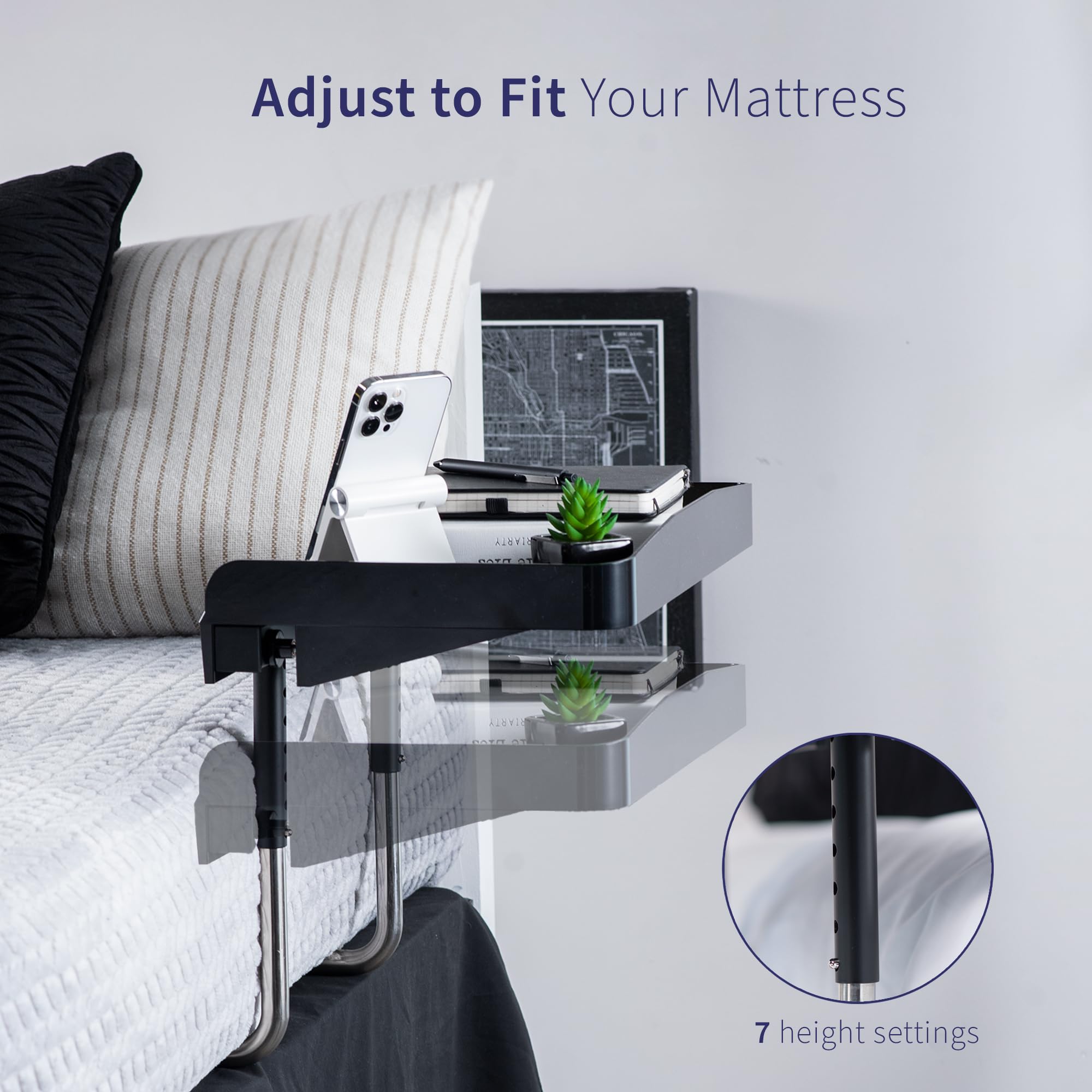 Height Adjustable Under Mattress 17 inch Bedside Shelf, Works with Lofts and Beds Without Frames, Heavy Duty Storage Tray, Fits Laptops, Books, and Drinks, Nightstand Alternative, Black