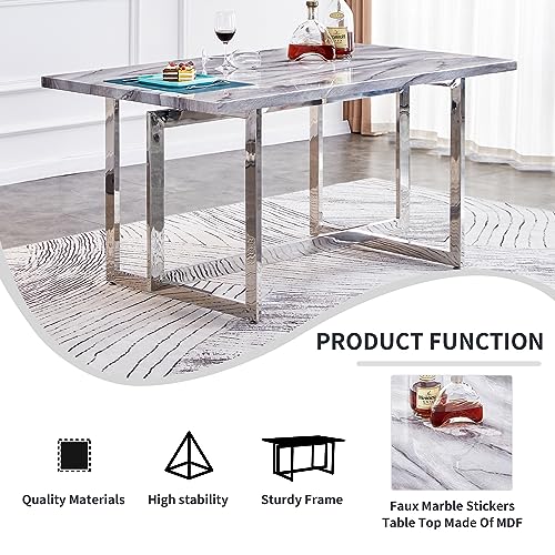 TesNus Marble Dining Table, Modern Rectangular Faux Marble Dining Table for 6 with Metal Legs for Kitchen Dining Living Room (Grey+Sliver)