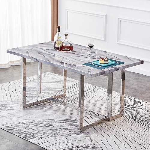 TesNus Marble Dining Table, Modern Rectangular Faux Marble Dining Table for 6 with Metal Legs for Kitchen Dining Living Room (Grey+Sliver)