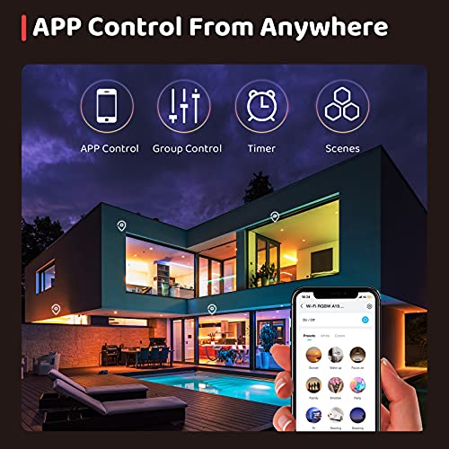 OREiN Smart WiFi Light Bulbs, Music Sync RGBTW LED Light Bulbs Color Changing Light Bulb, A19 E26 60W Equivalent, Dimmable Multicolor Smart Bulbs That Work with Alexa/Google Home, 800LM CRI>90, 4 Pack