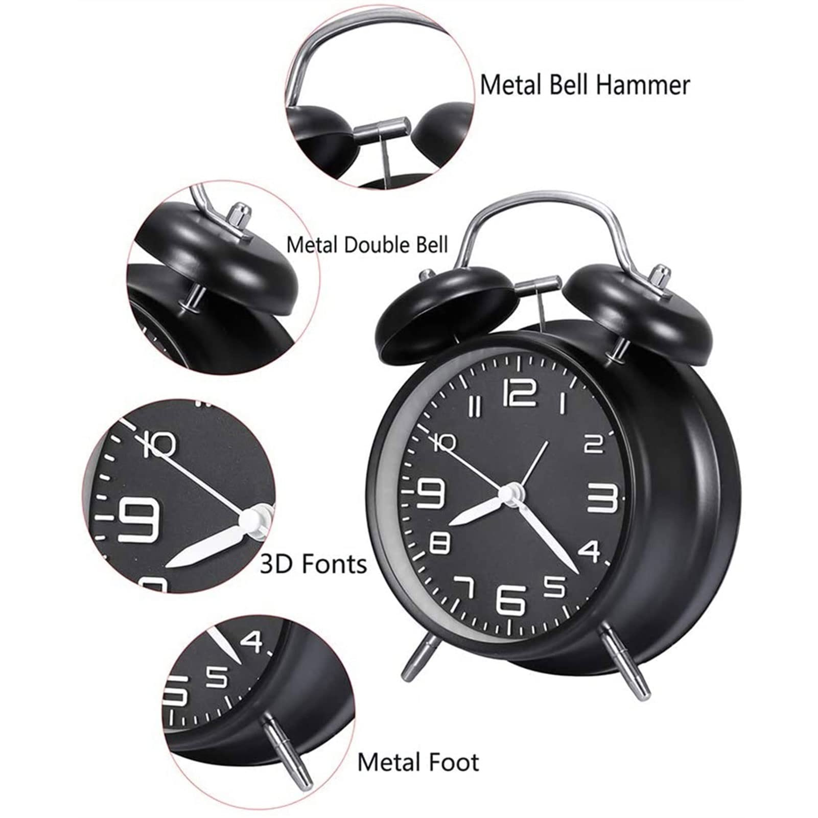 GRFIT Alarm Clock 4 Inch Twin Bell Loud Alarm Clock Metal Frame 3D Dial with Backlight Battery Operate Desk Table Alarm Clock for Home and Office Clock for Bedrooms (Color : 1)