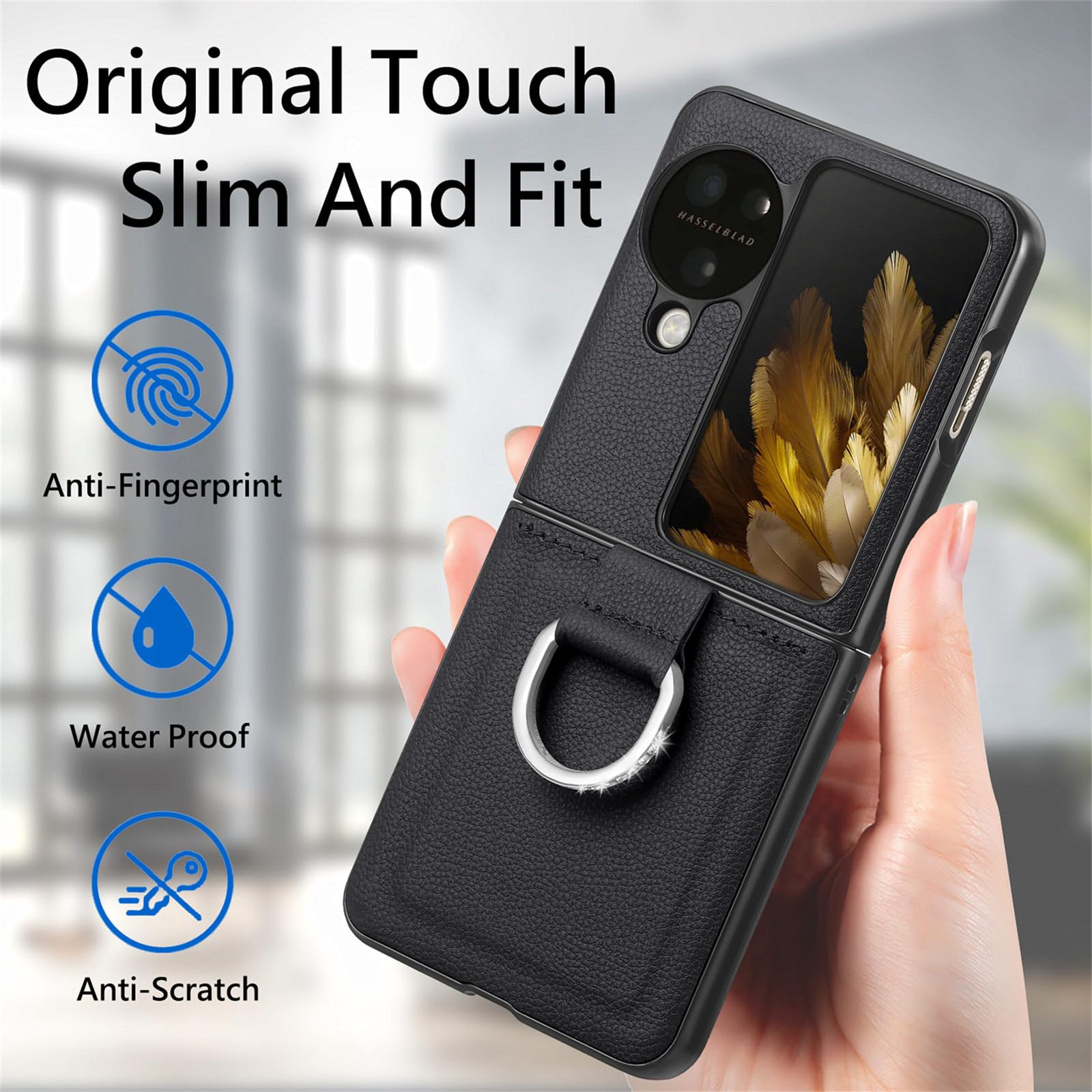 CCSmall Oppo Find N3 Flip Slim PU Leather Protective Cover Case with Ring, Black