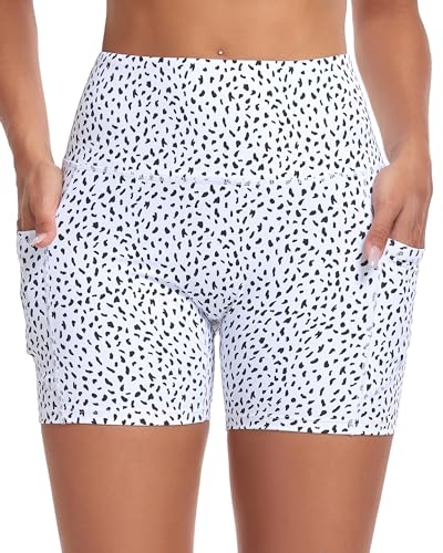 HERRLA Womens High Waisted Biker Shorts Athletic Yoga Gym Running Workout Shorts with Pockets for Summer (Large, Leopard)