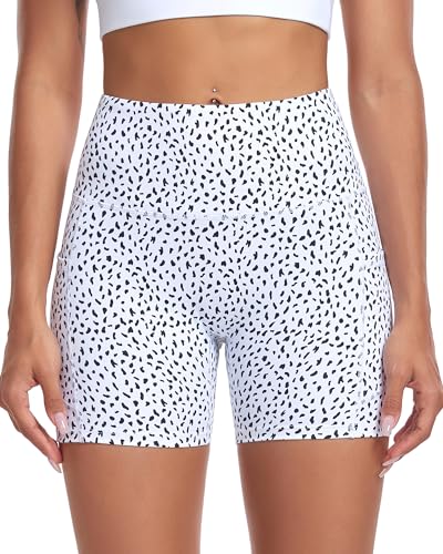 HERRLA Womens High Waisted Biker Shorts Athletic Yoga Gym Running Workout Shorts with Pockets for Summer (Large, Leopard)