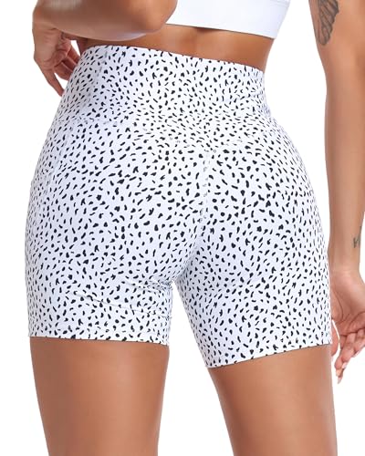 HERRLA Womens High Waisted Biker Shorts Athletic Yoga Gym Running Workout Shorts with Pockets for Summer (Large, Leopard)