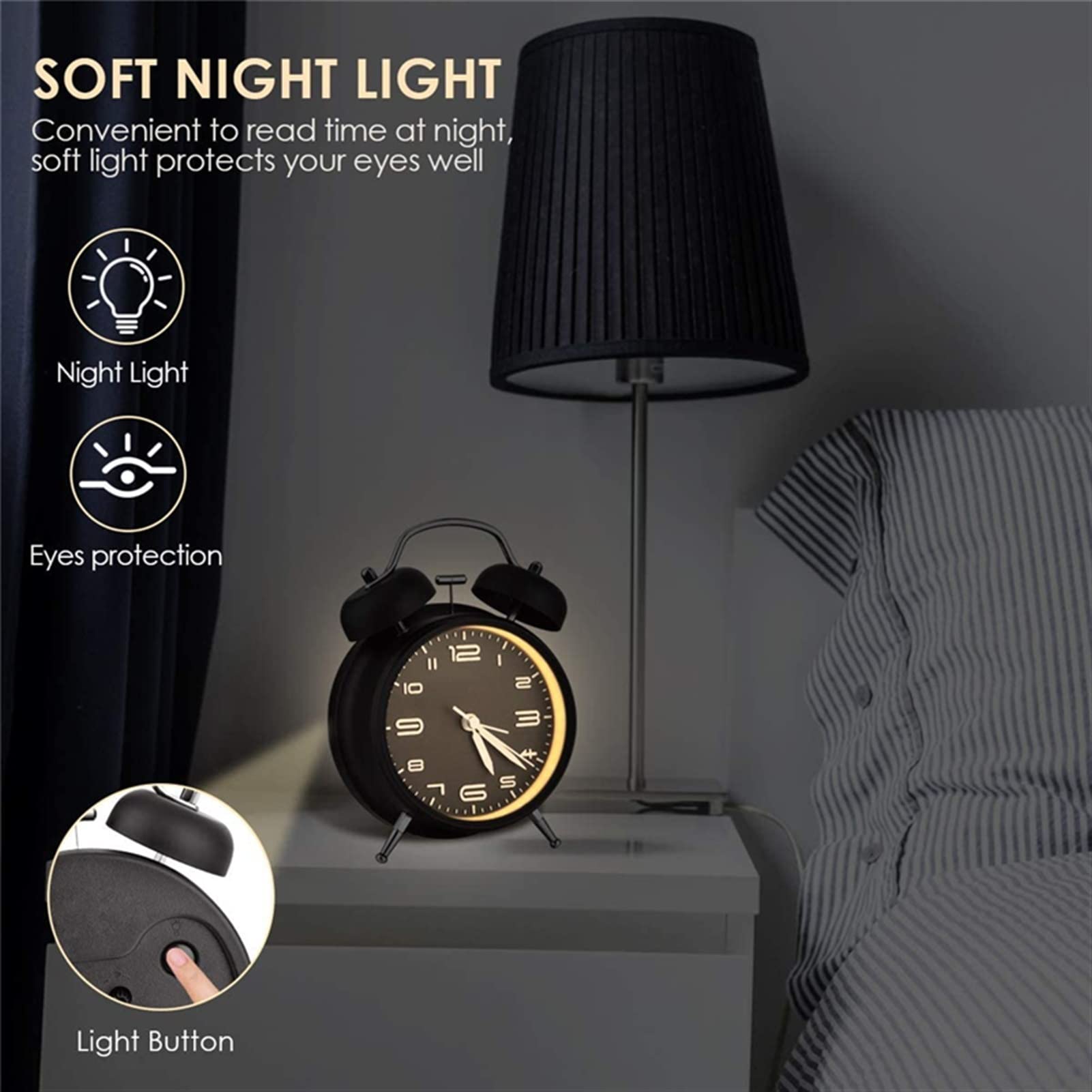 GRFIT Alarm Clock 4 Inch Twin Bell Loud Alarm Clock Metal Frame 3D Dial with Backlight Battery Operate Desk Table Alarm Clock for Home and Office Clock for Bedrooms (Color : 1)