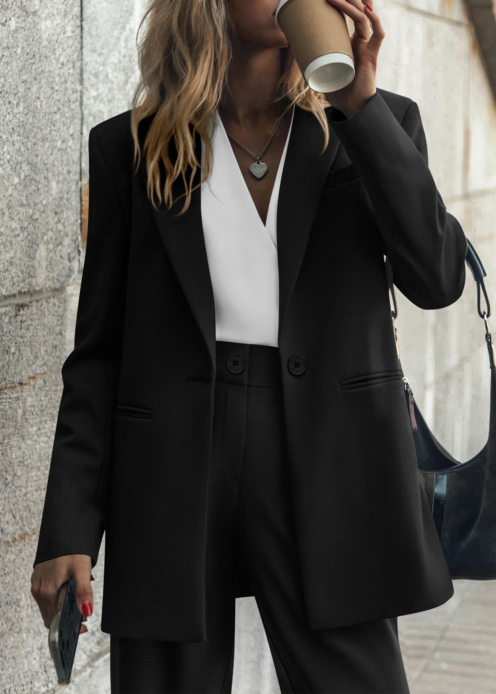 KIRUNDO Women's 2025 Spring Fall 2 Piece Blazer Set Casual Loose Long Blazer Jackets and Dressy Wide Leg Pant Suits Pockets Black