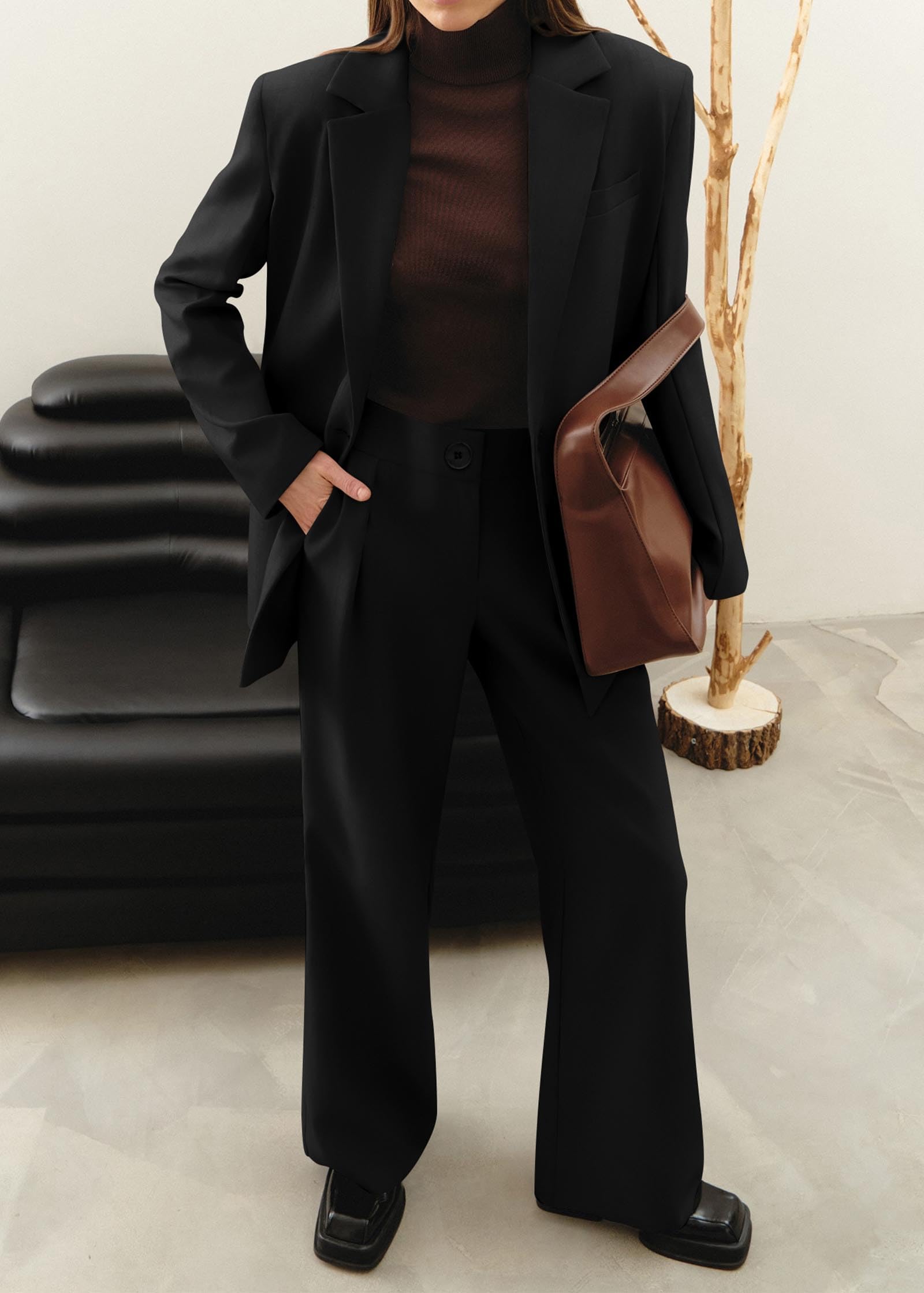 KIRUNDO Women's 2025 Spring Fall 2 Piece Blazer Set Casual Loose Long Blazer Jackets and Dressy Wide Leg Pant Suits Pockets Black
