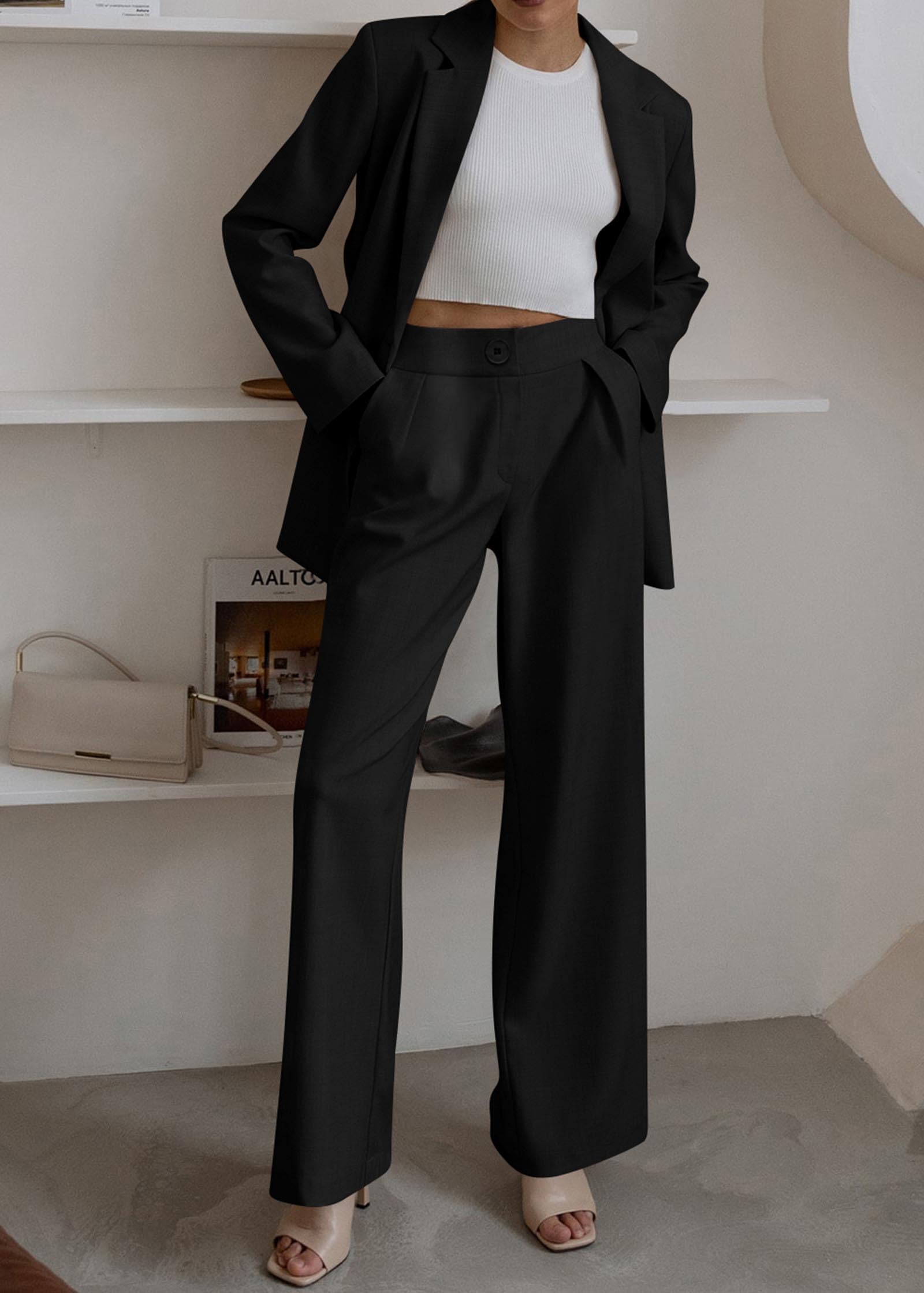 KIRUNDO Women's 2025 Spring Fall 2 Piece Blazer Set Casual Loose Long Blazer Jackets and Dressy Wide Leg Pant Suits Pockets Black