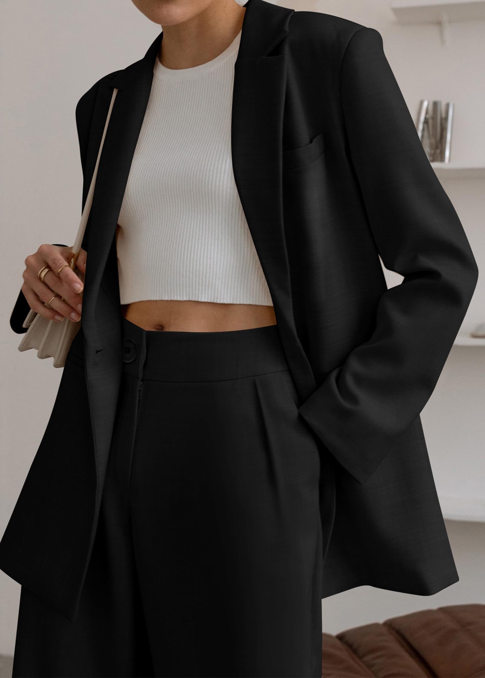 KIRUNDO Women's 2025 Spring Fall 2 Piece Blazer Set Casual Loose Long Blazer Jackets and Dressy Wide Leg Pant Suits Pockets Black