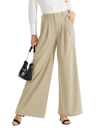 VILIGO Wide Leg Pants for Women High Waist Work Trousers Business Casual Loose Dress Palazzo Flowy Pleated Pants Khaki XL