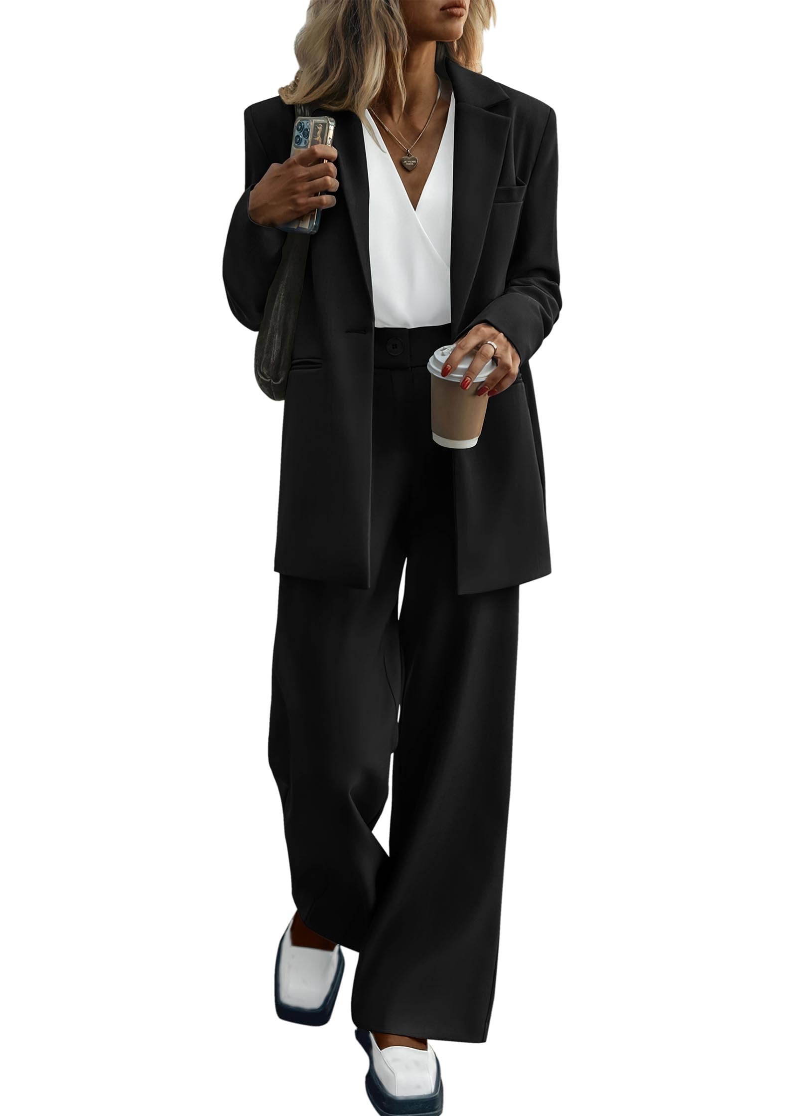 KIRUNDO Women's 2025 Spring Fall 2 Piece Blazer Set Casual Loose Long Blazer Jackets and Dressy Wide Leg Pant Suits Pockets Black
