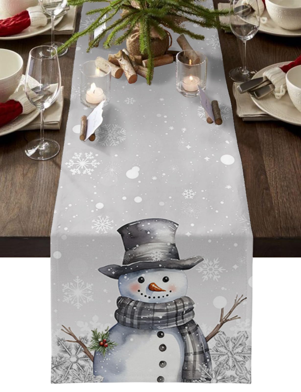Grey Snowman Christmas Table Runner 36 Inches Long, Xmas Berry Botanical Farmhouse Dress Scarves, Winter Snowflake Dining Tablerunner for Coffee Table/Kitchen Island/Christmas Party, Small 13"x36"