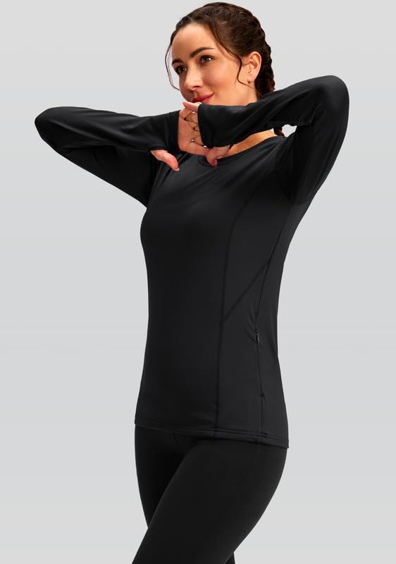 Women's Thermal Fleece Tops Long Sleeve Workout Shirts Running Athletic Base Layer with Thumb Holes Zipper Pocket(Black,L)
