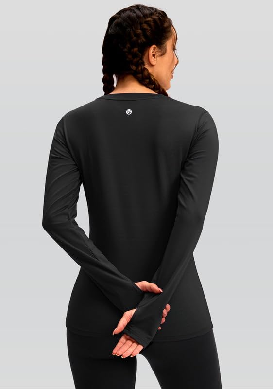 Women's Thermal Fleece Tops Long Sleeve Workout Shirts Running Athletic Base Layer with Thumb Holes Zipper Pocket(Black,L)