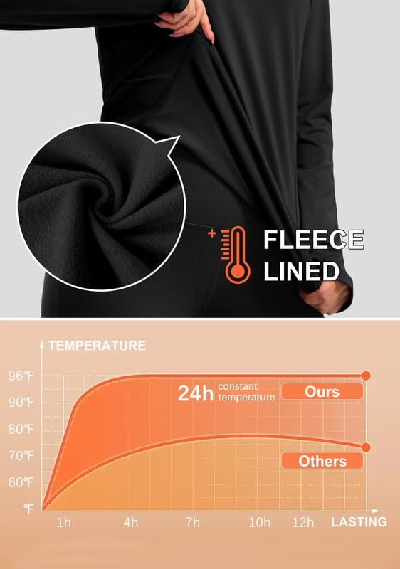 Women's Thermal Fleece Tops Long Sleeve Workout Shirts Running Athletic Base Layer with Thumb Holes Zipper Pocket(Black,L)