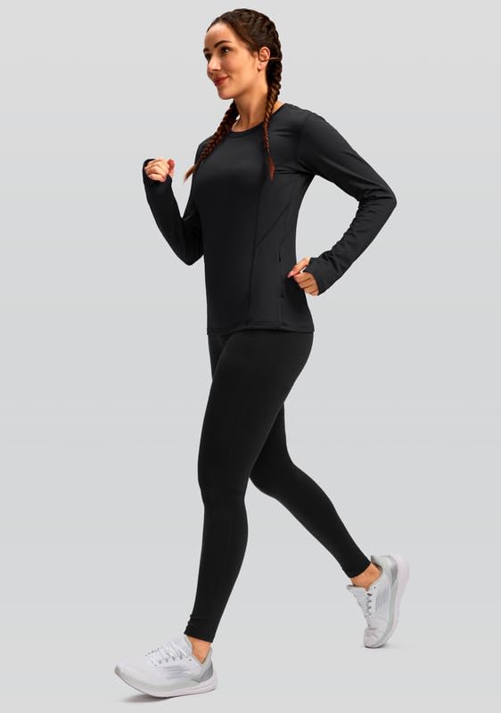 Women's Thermal Fleece Tops Long Sleeve Workout Shirts Running Athletic Base Layer with Thumb Holes Zipper Pocket(Black,L)