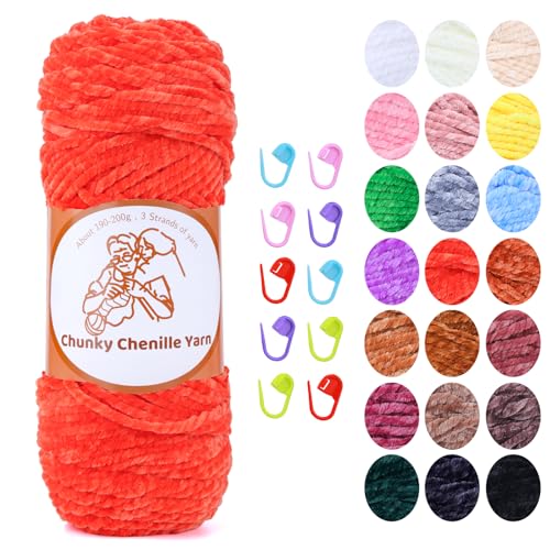 TLKKUE Chunky Chenille Yarn(7OZ/200G), 3 Strands of Yarn Soft Chenille Velvet Yarn for Crocheting Knitting Thick Blanket Yarn for Shoe Hat Clothing Cushion (Red Orange)