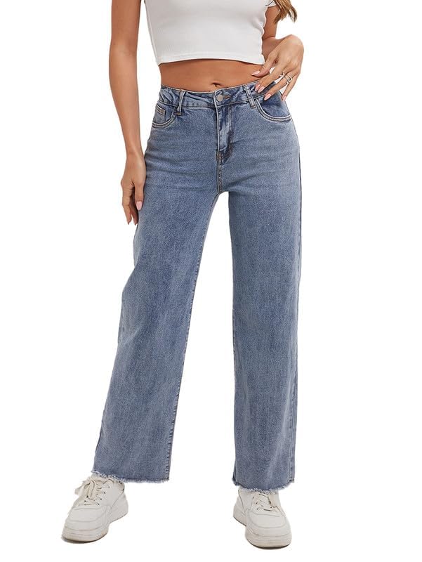 PEIHOT 90S Wide Leg Pants for Women Stretchy Mid Waisted Raw Hem Straight Leg Jeans Denim Pants 2023 Trendy Light Blue