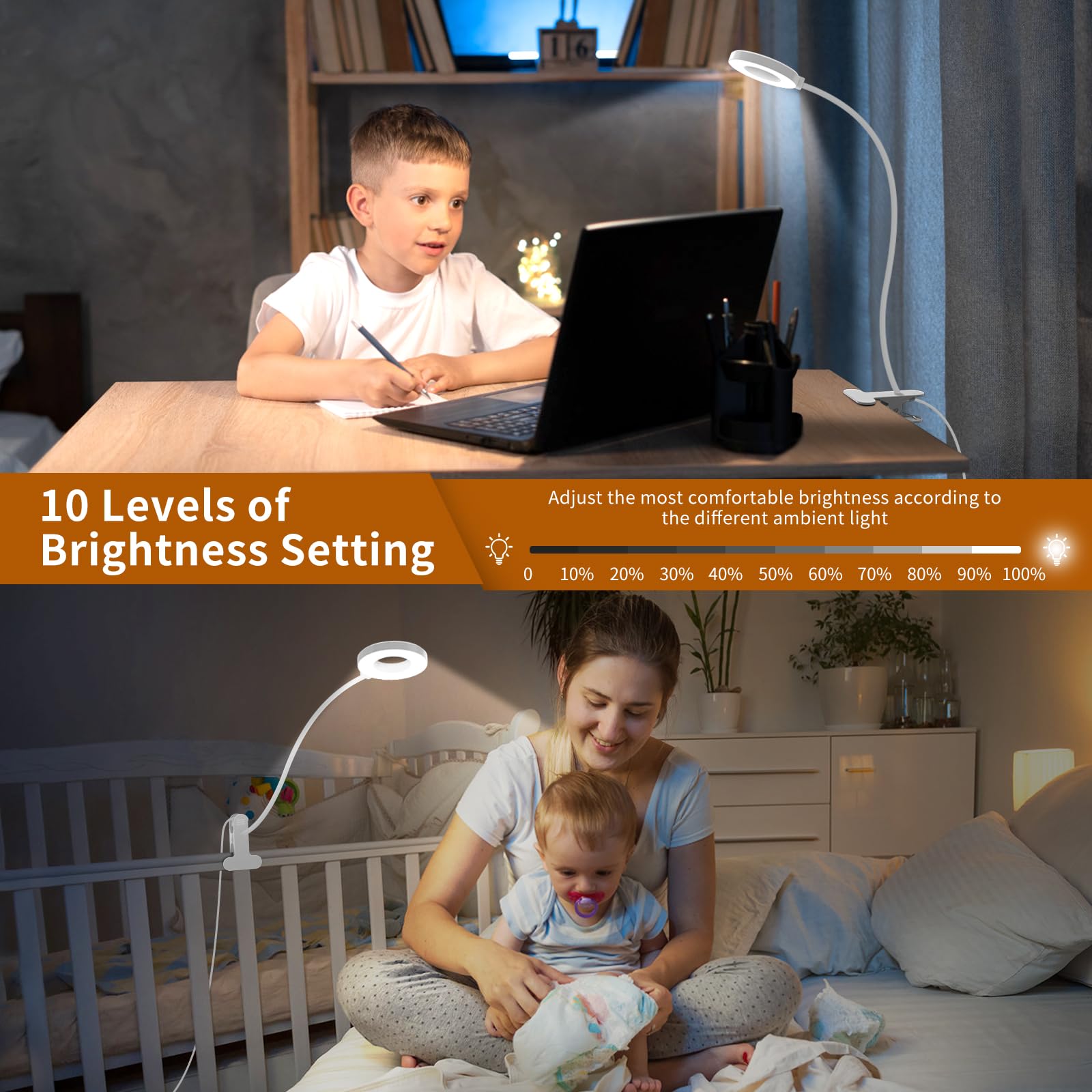 iZELL Reading Light, USB Clamp Lamp for Child Reading Book in Bed at Night, LED Small Desk Lamp with Adjustable Gooseneck Clip on Beside Table for Studying Working Drafting Sewing - 15.8‘’ White