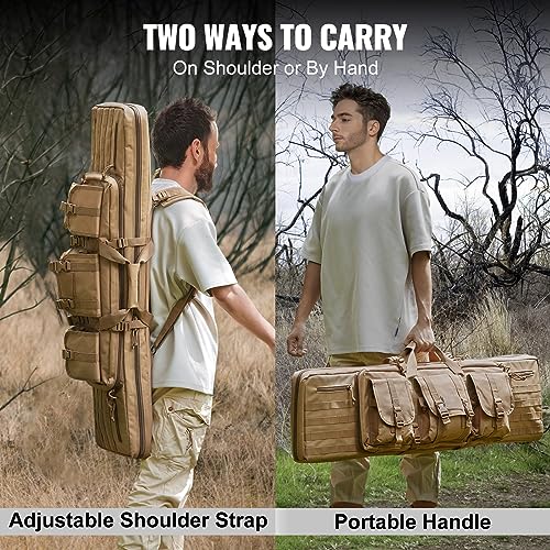 VEVOR Rifle Bag, 36 inch Tactical Double Long Gun Bag, Soft Rifle Case with Lockable Zipper, Portable Handle & Shoulder Strap, 3 Large Storage Pockets Rifle Case for Two 34" Rifles & 2 Pistols, Brown