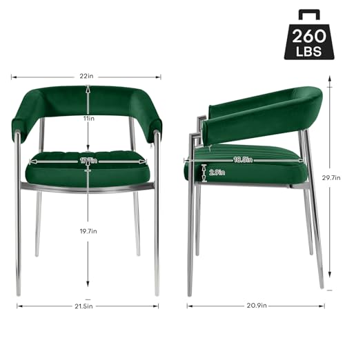 Bekrvio Velvet Arm Dining Chairs Kitchen Dining Room Chairs with Armrest, Mid Century Modern Living Room Armchair Accent Chairs Upholstered Kitchen Chairs with Metal Chrome Legs, Green