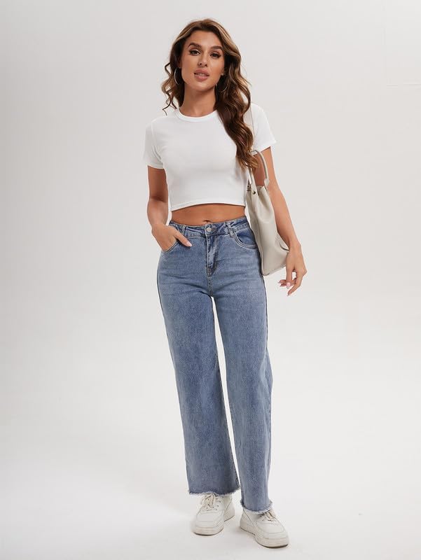 PEIHOT 90S Wide Leg Pants for Women Stretchy Mid Waisted Raw Hem Straight Leg Jeans Denim Pants 2023 Trendy Light Blue