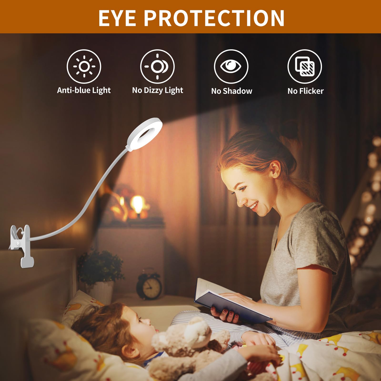 iZELL Reading Light, USB Clamp Lamp for Child Reading Book in Bed at Night, LED Small Desk Lamp with Adjustable Gooseneck Clip on Beside Table for Studying Working Drafting Sewing - 15.8‘’ White