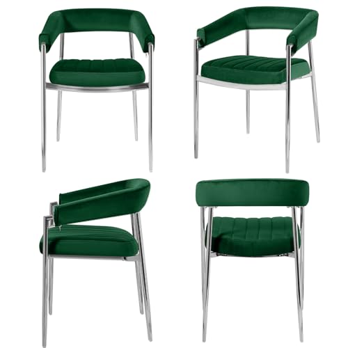 Bekrvio Velvet Arm Dining Chairs Kitchen Dining Room Chairs with Armrest, Mid Century Modern Living Room Armchair Accent Chairs Upholstered Kitchen Chairs with Metal Chrome Legs, Green