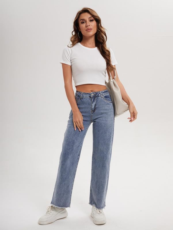 PEIHOT 90S Wide Leg Pants for Women Stretchy Mid Waisted Raw Hem Straight Leg Jeans Denim Pants 2023 Trendy Light Blue