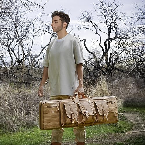 VEVOR Rifle Bag, 36 inch Tactical Double Long Gun Bag, Soft Rifle Case with Lockable Zipper, Portable Handle & Shoulder Strap, 3 Large Storage Pockets Rifle Case for Two 34" Rifles & 2 Pistols, Brown