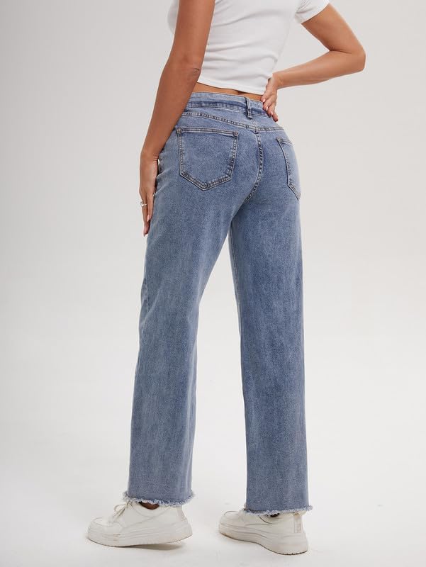 PEIHOT 90S Wide Leg Pants for Women Stretchy Mid Waisted Raw Hem Straight Leg Jeans Denim Pants 2023 Trendy Light Blue